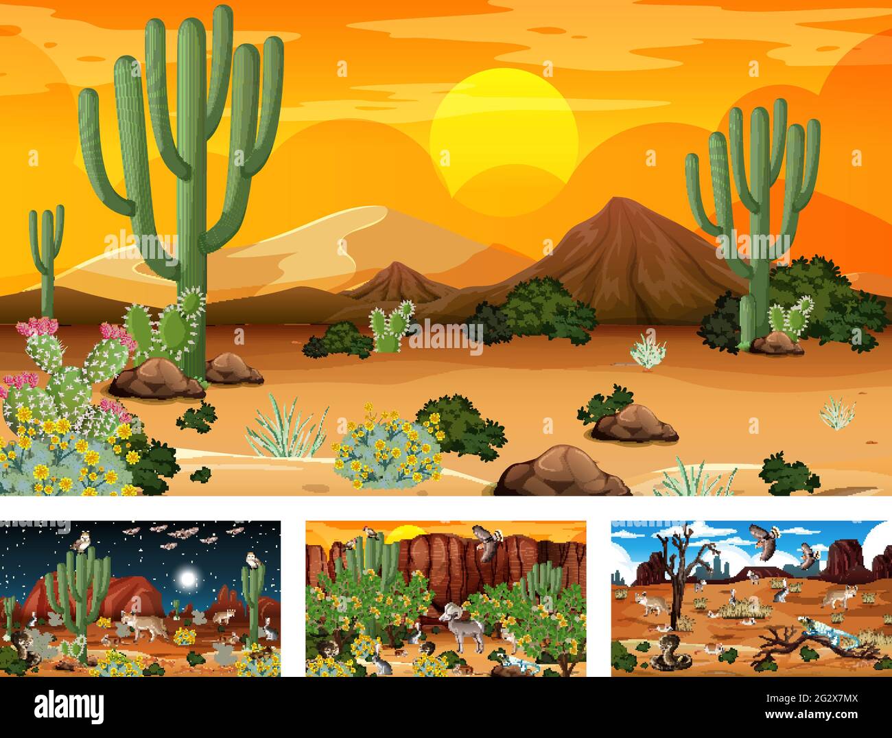 Different scenes with desert forest landscape with animals and plants ...