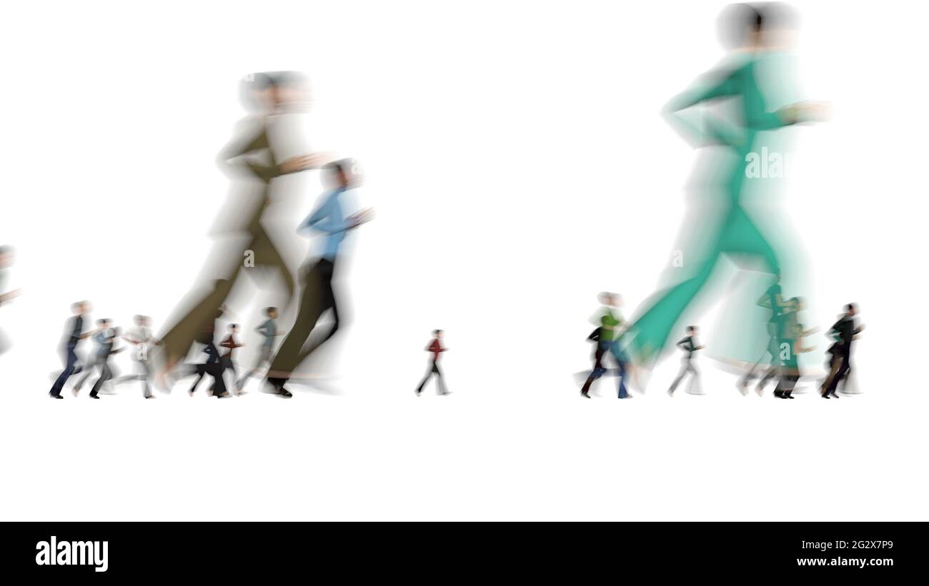 Blurred Crowd people Outdoor run in one direction City life 3d render ...