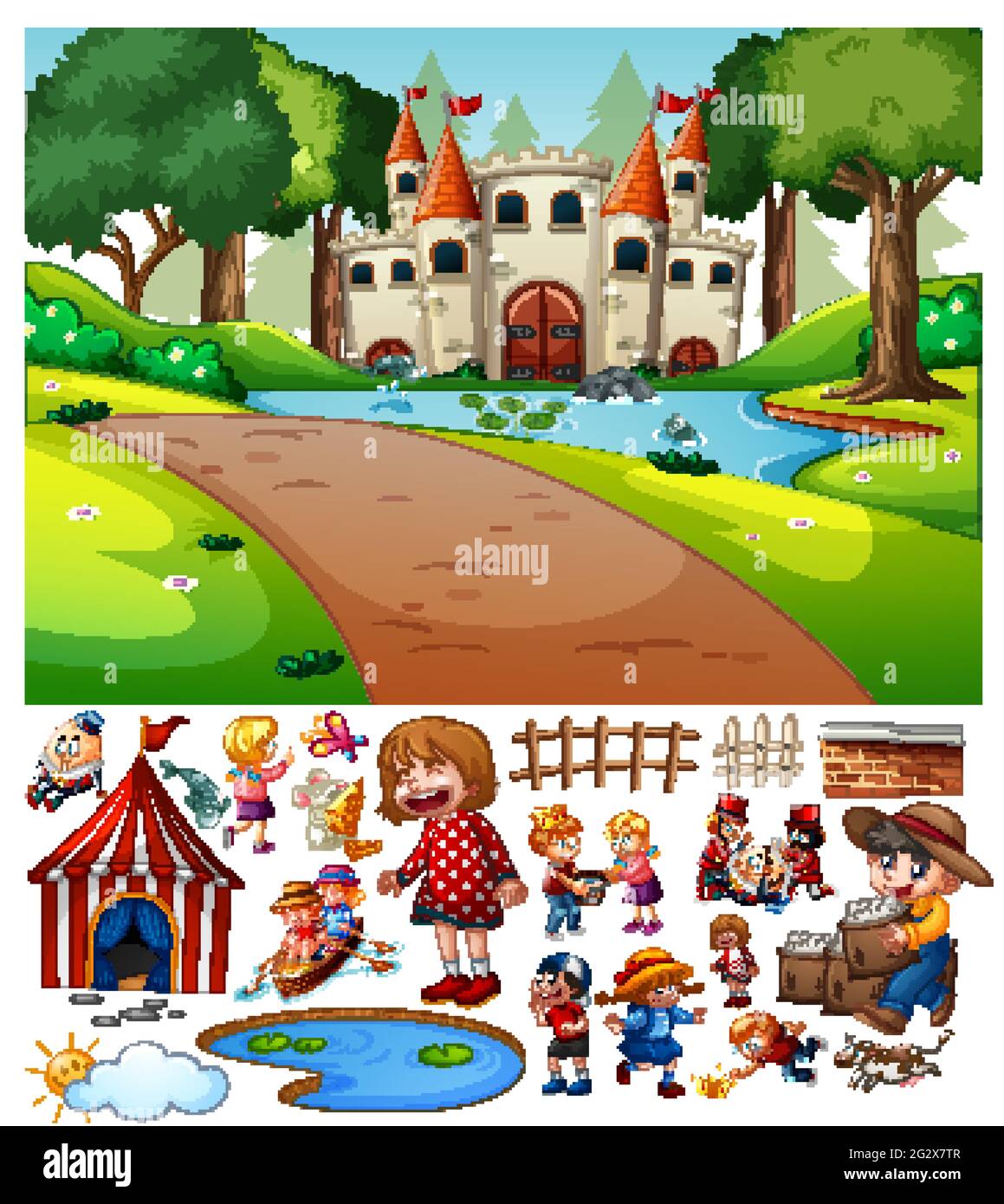 Castle in the forest scene with isolated cartoon character and objects ...