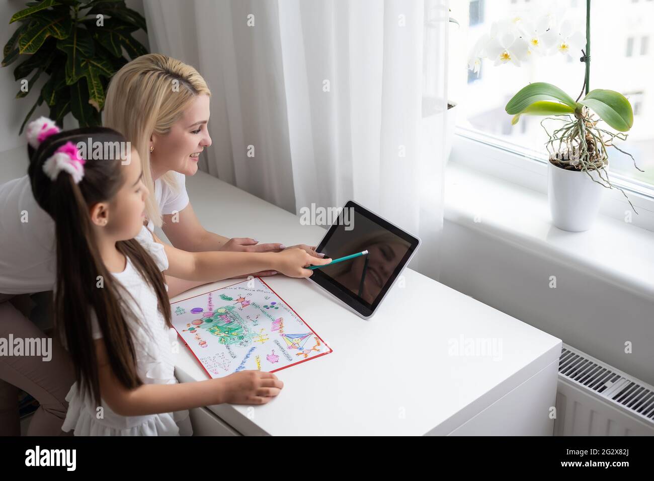 Online education of children. Mother and daughter of preschool watching ...