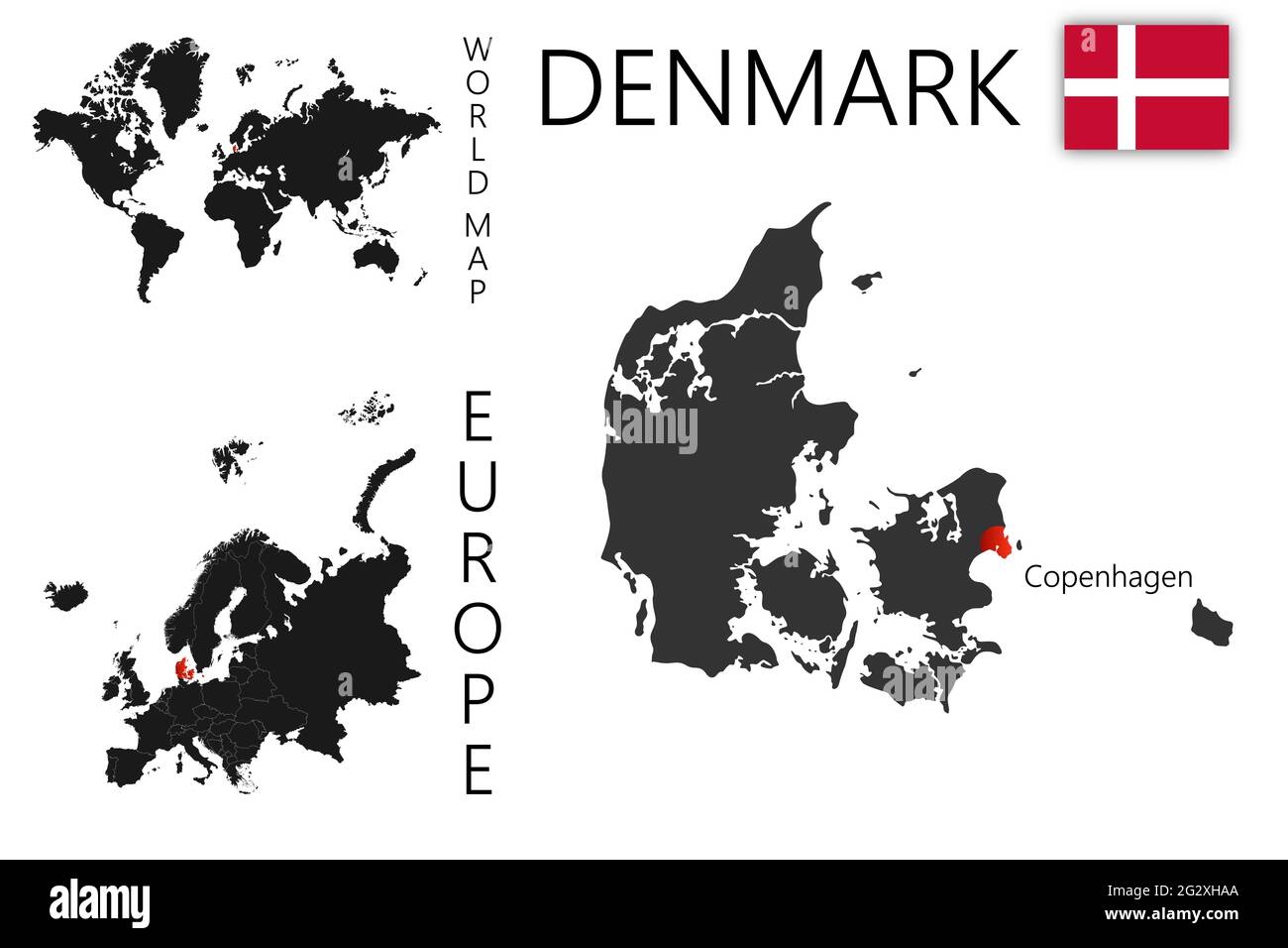 Realistic vector map of Denmark with flag. The location of the country ...