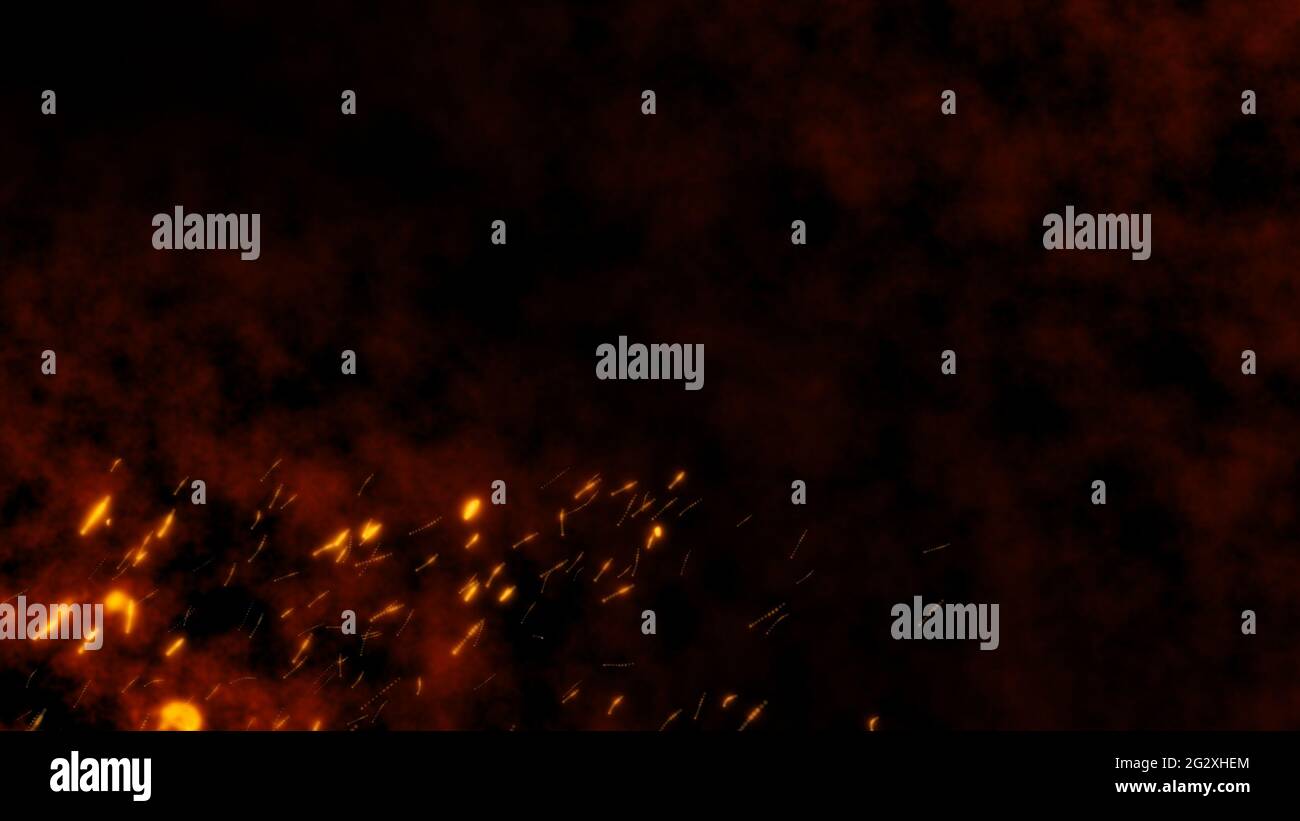 Burning red hot flying sparks fire from left to right in the night sky ...