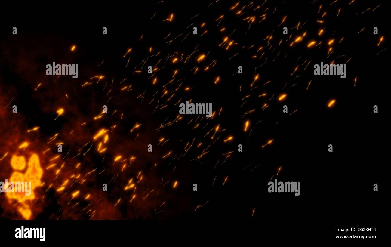 Burning red hot flying sparks fire from left to right in the night sky ...