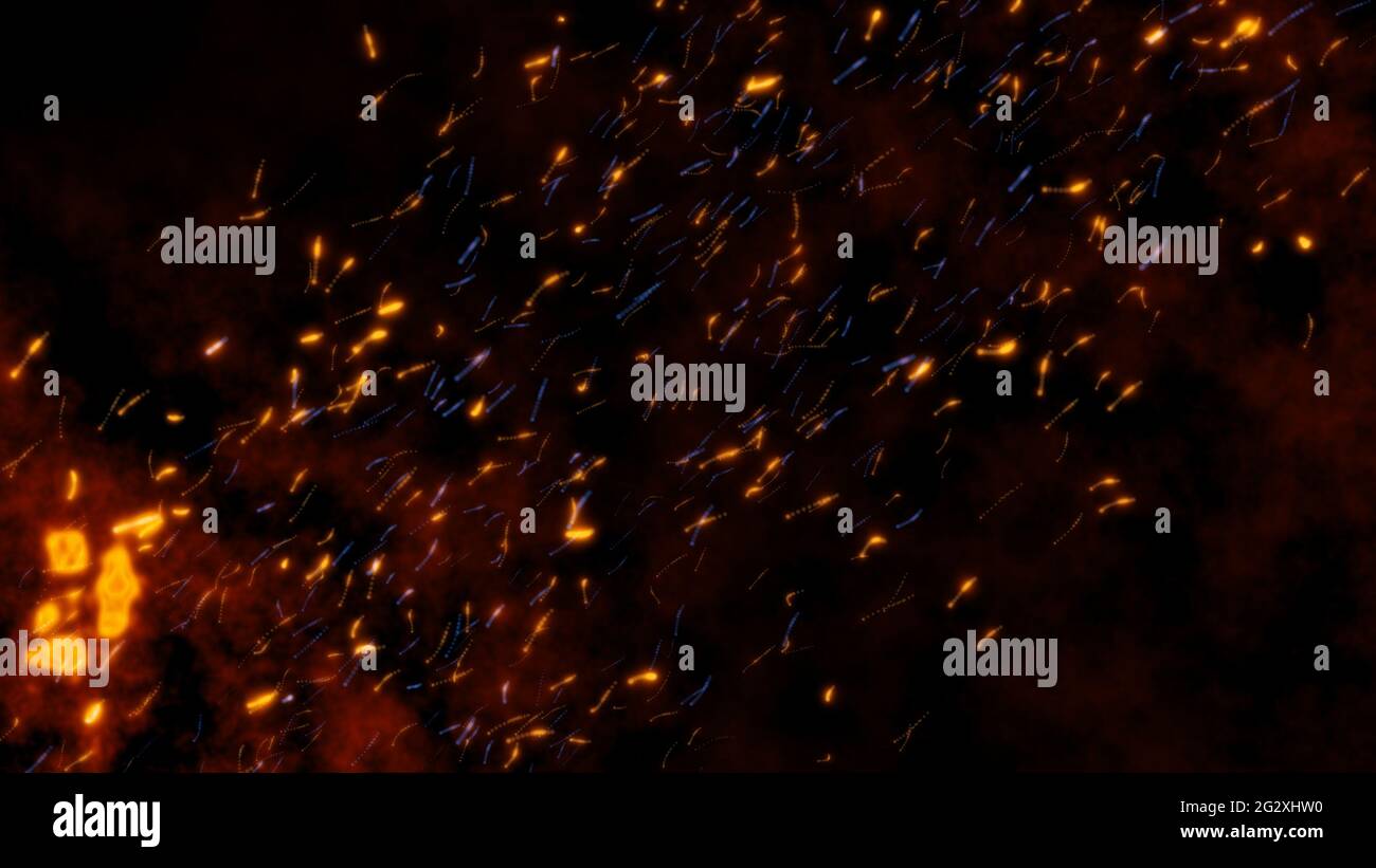 Burning red hot flying sparks fire from left to right in the night sky ...