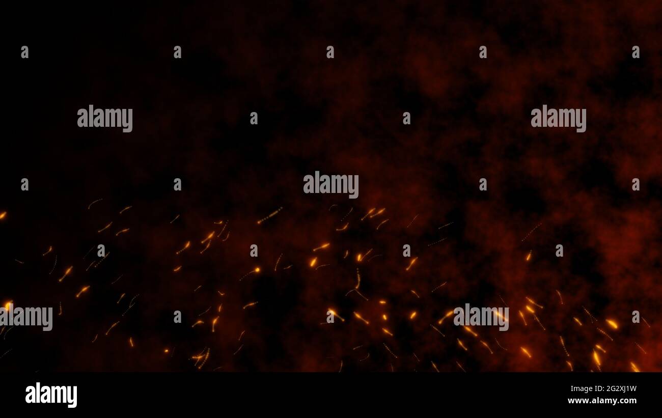 Burning red hot flying sparks fire from left to right in the night sky ...