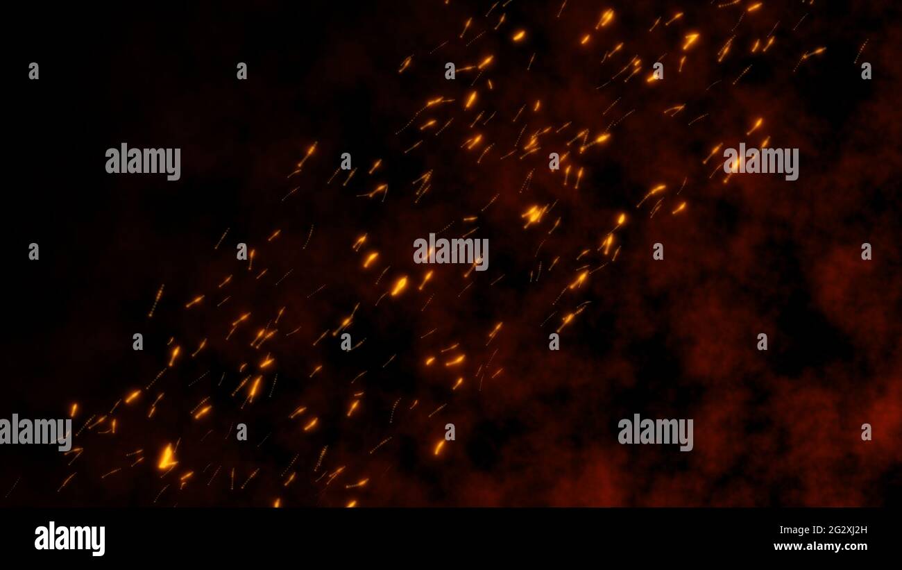 Burning red hot flying sparks fire from left to right in the night sky ...