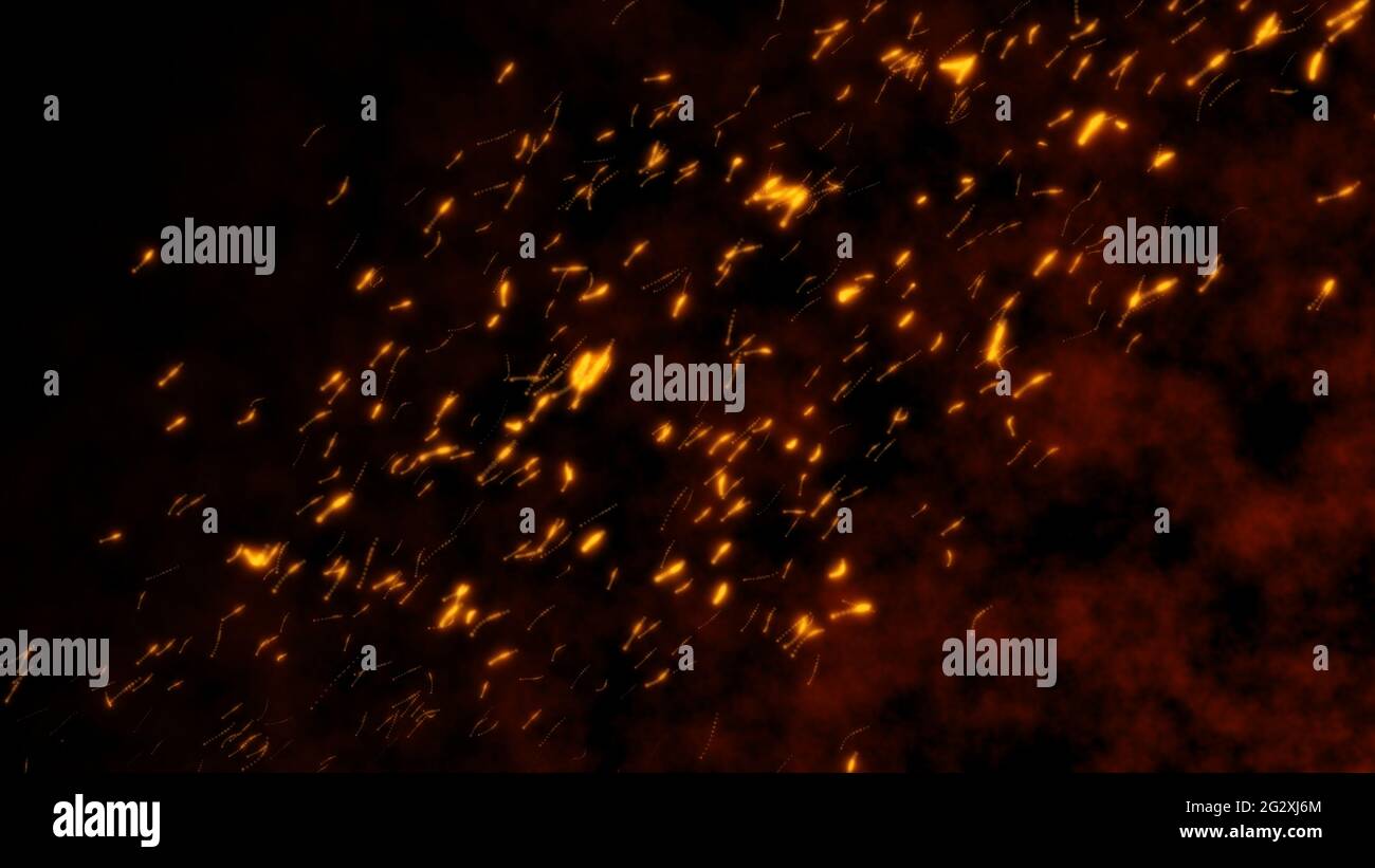 Burning red hot flying sparks fire from left to right in the night sky ...