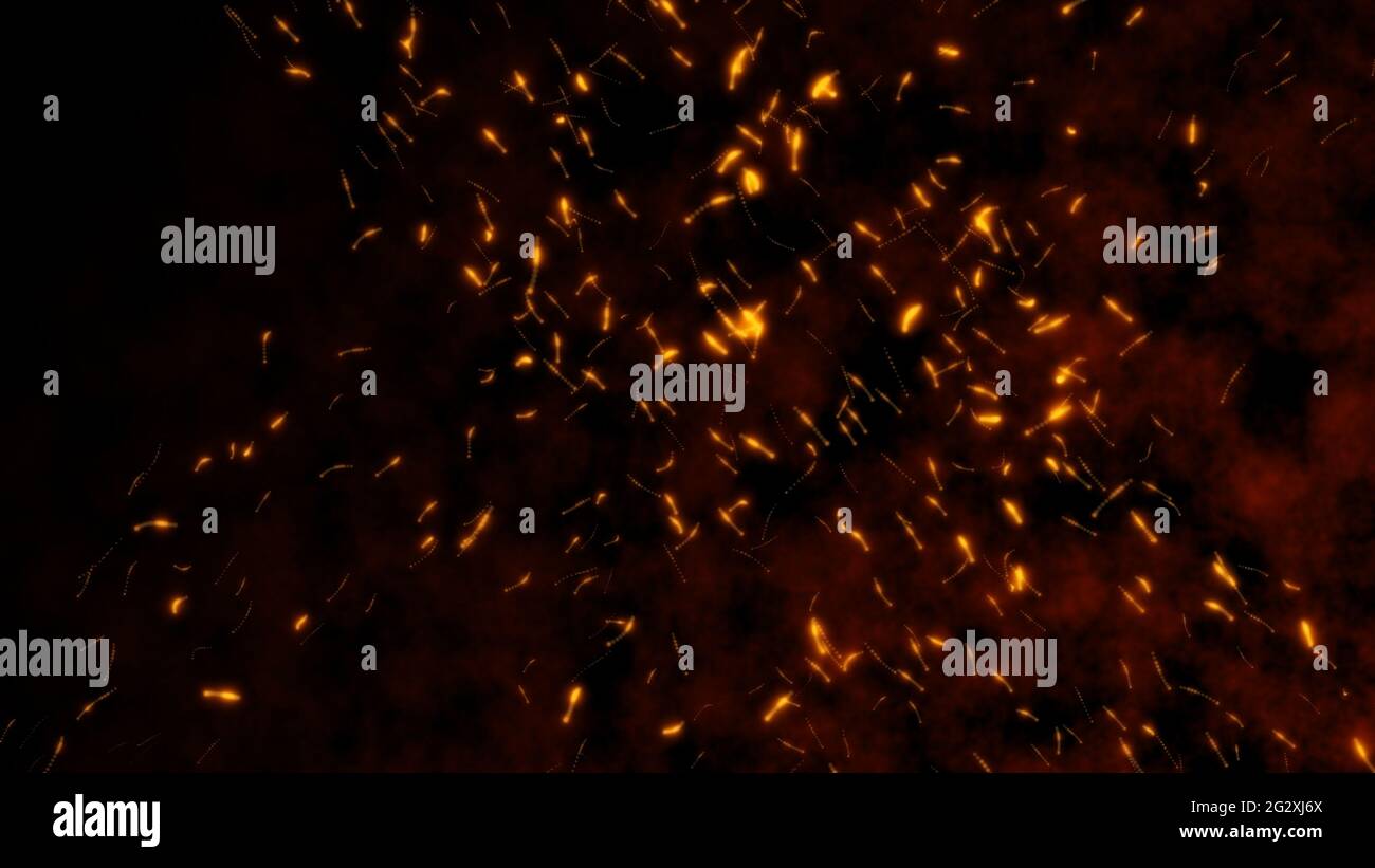 Burning red hot flying sparks fire from left to right in the night sky ...