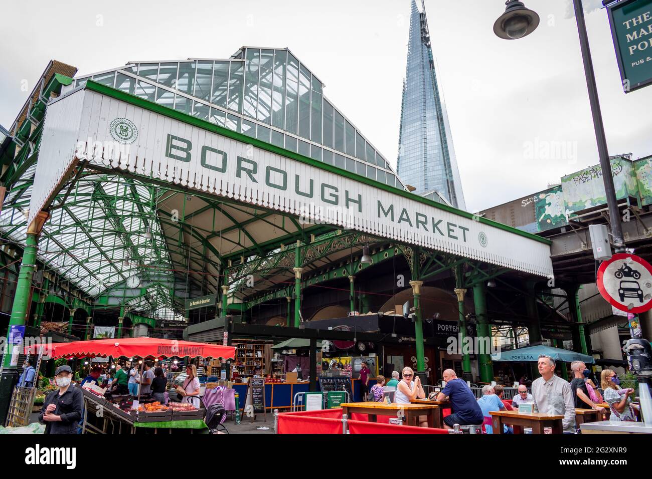 London. UK- 06.10. 2021. A street view of a facade of Borough Market ...