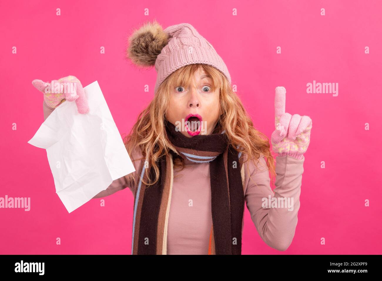 isolated woman warm with surprise and handkerchief from cold Stock ...