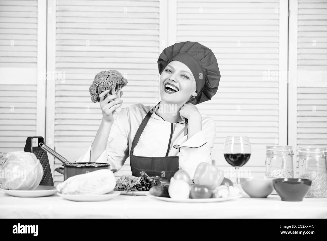 Housewife daily routine. Girl adorable chef. Housewife cooking and ...