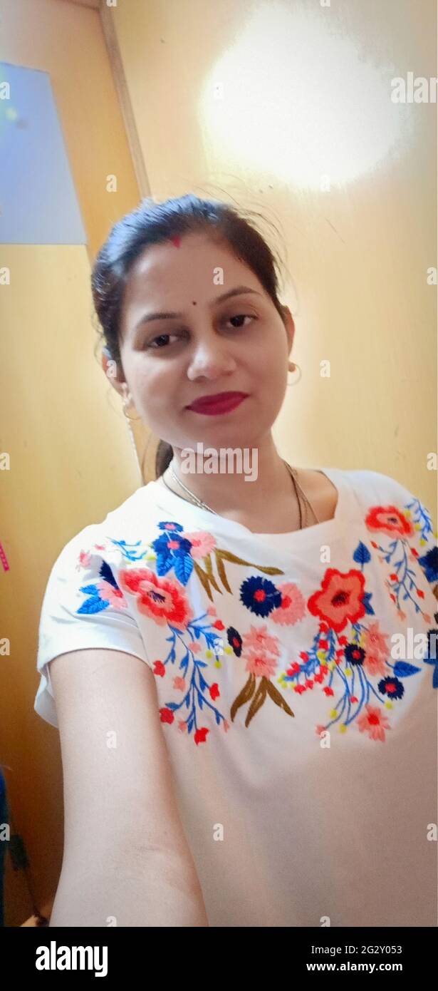 A Portrait of a Beautiful Young Woman, with cute smile and open long ...