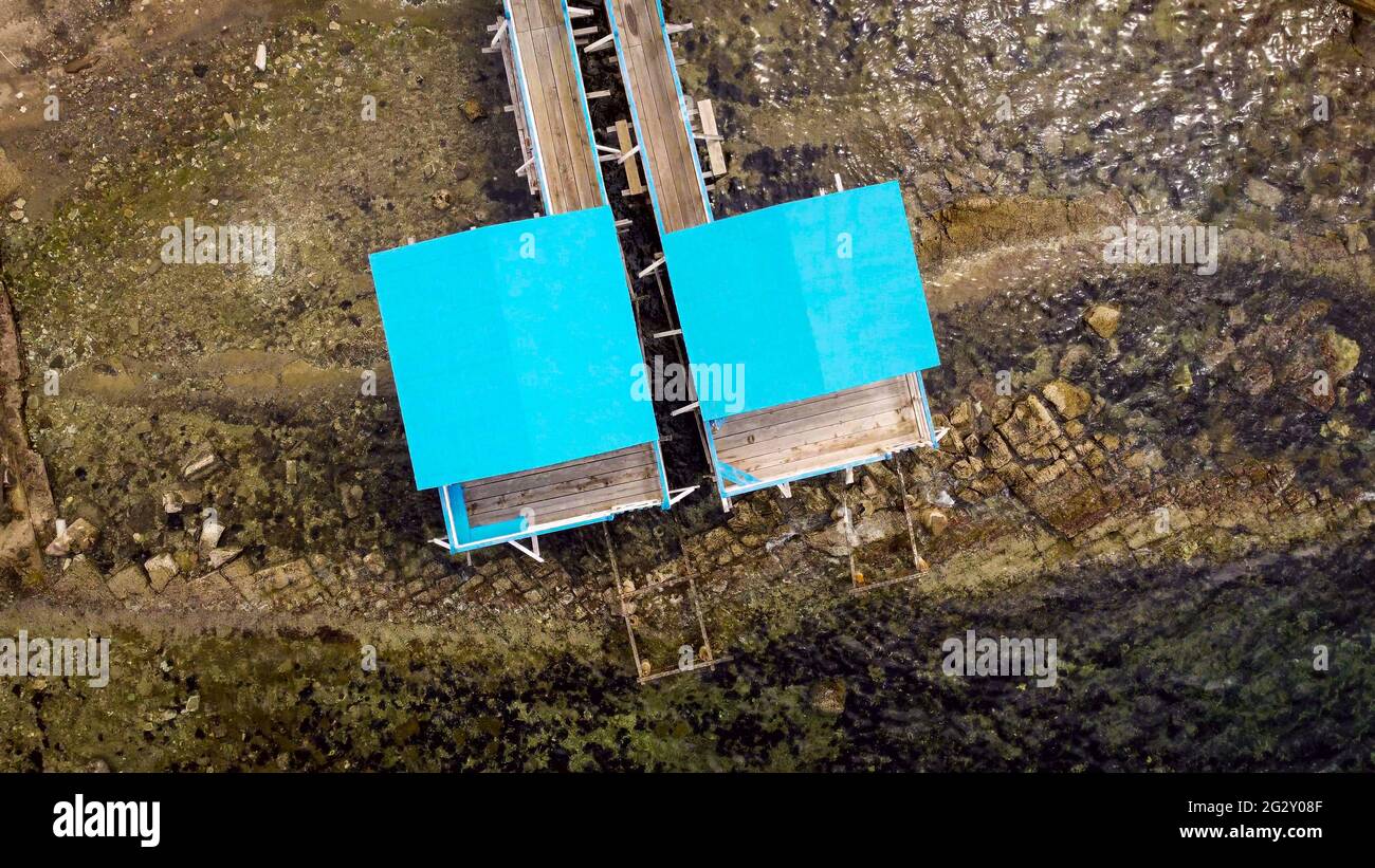 Beach stilt houses also called palafitte overhead shot in the seaside ...