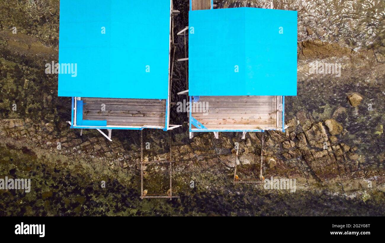 Beach stilt houses also called palafitte detailed overhead shot in the ...