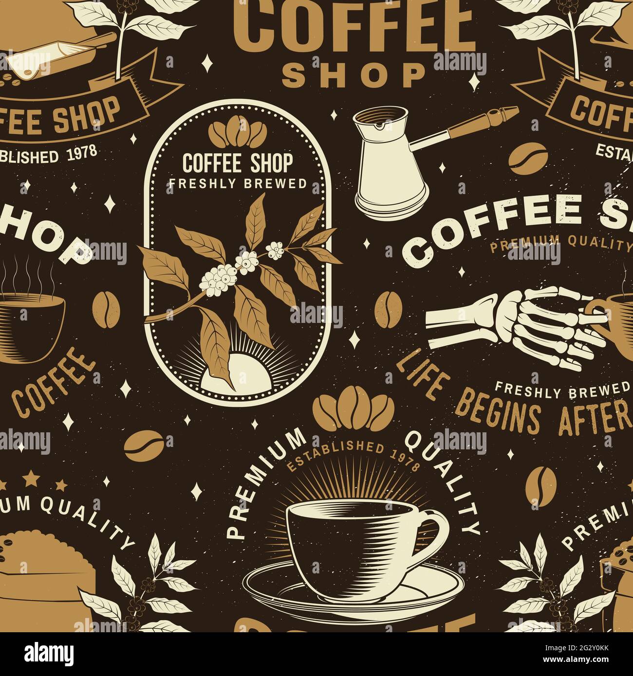 Set of Coffe shop seamless pattern or background. Vector Seamless scene ...