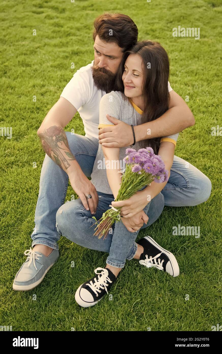 Carefree couple in love cuddling relax in park, more than friends ...