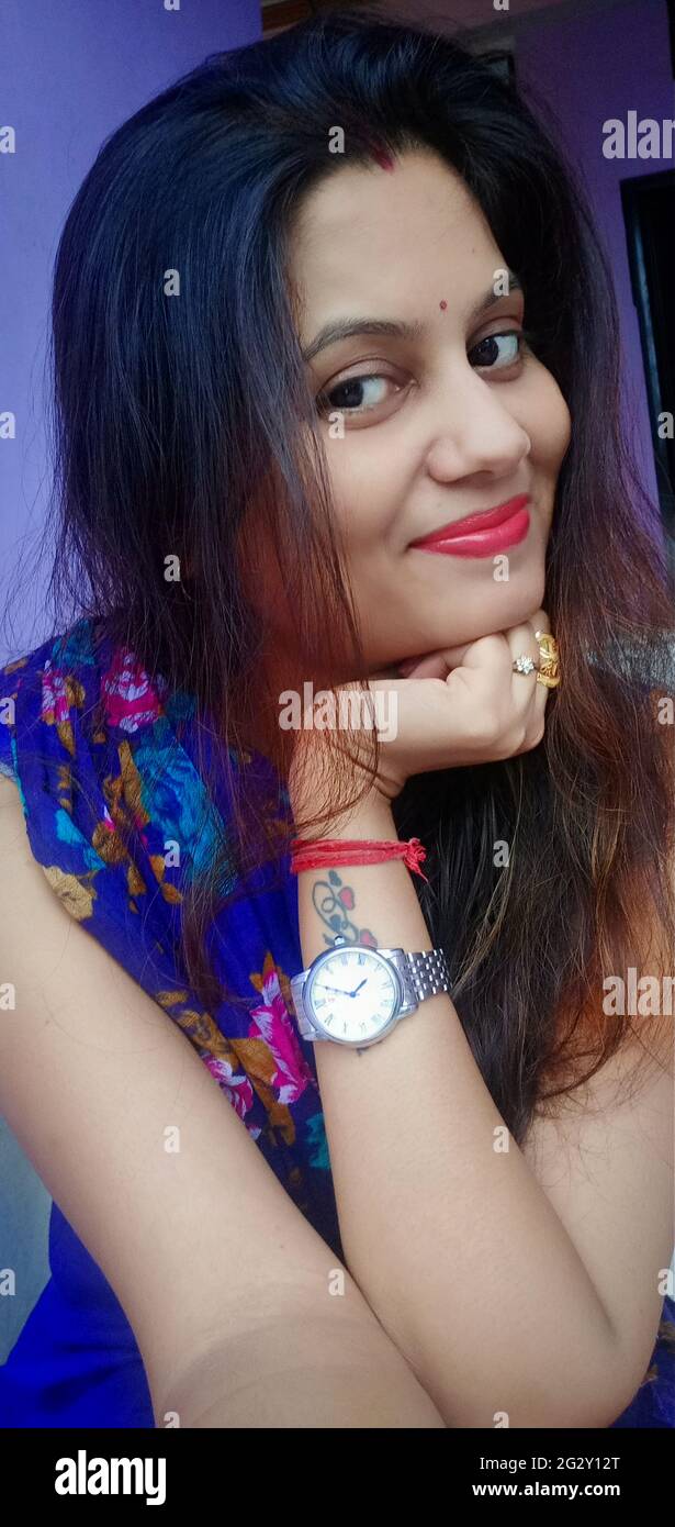 A Portrait of a Beautiful Young Woman, with cute smile and open long ...