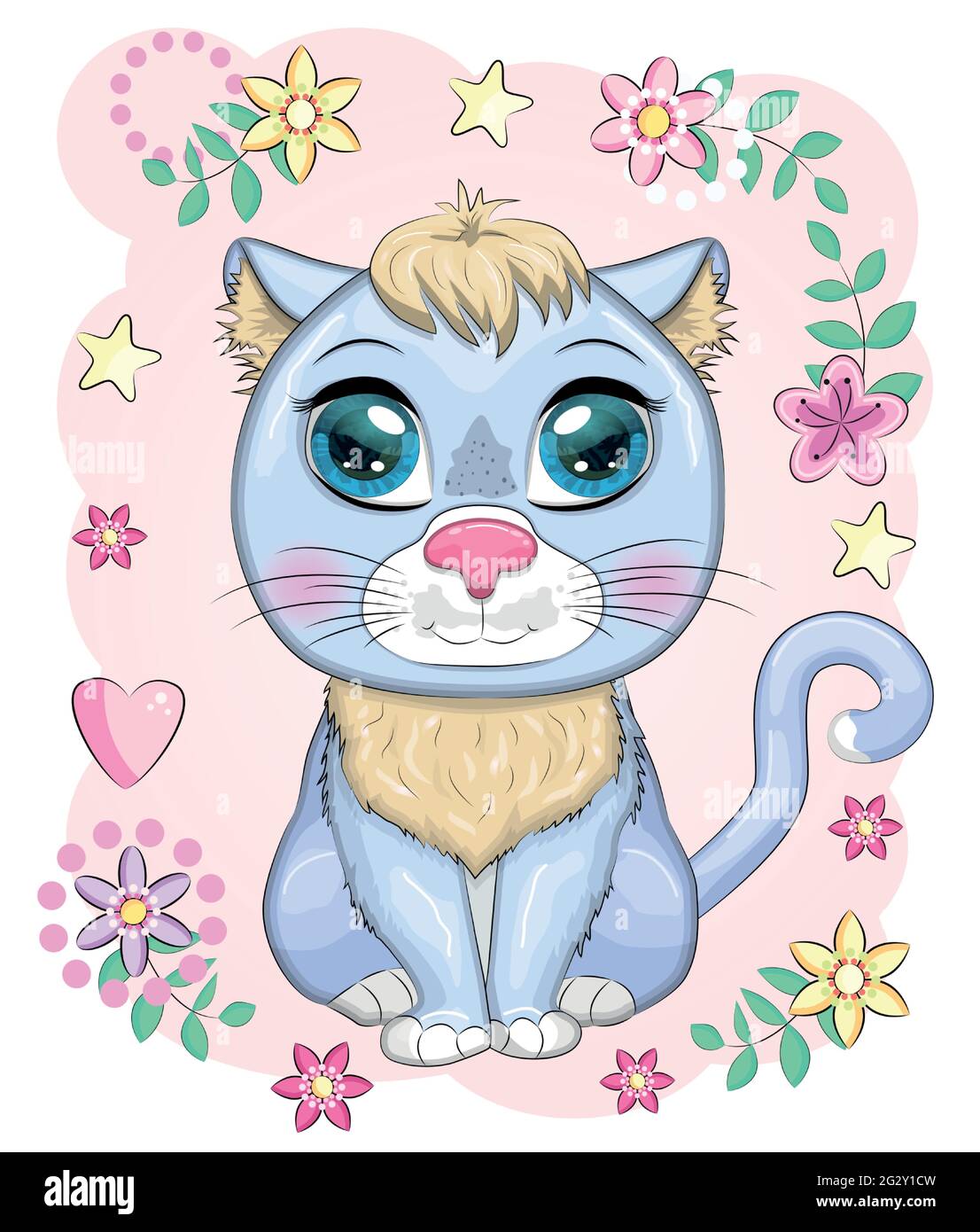 Cute cartoon blue cat, kitten on a background of flowers. Wild animals ...