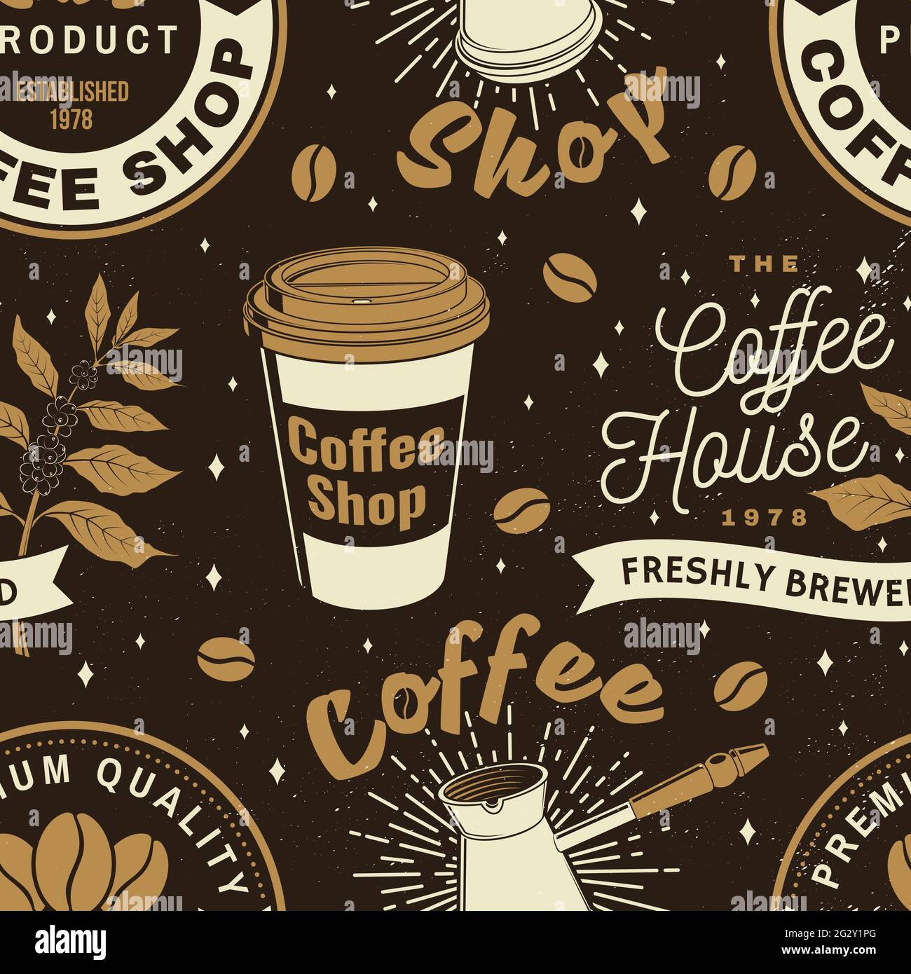 Set of Coffe shop seamless pattern or background. Vector Seamless scene ...