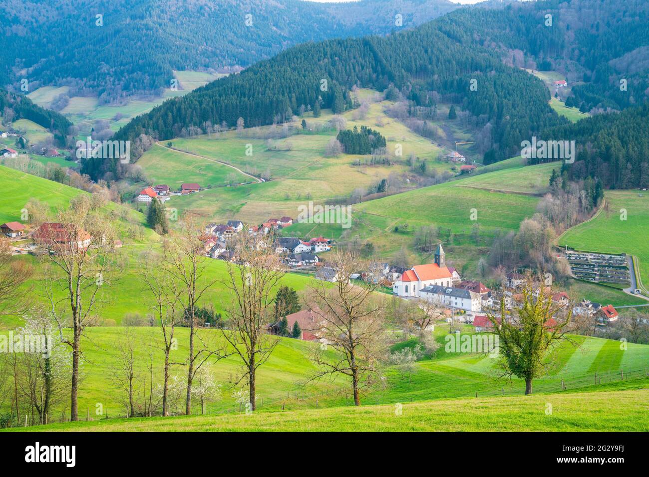 Germany, Schwarzwald village of traditional houses and church of elzach ...
