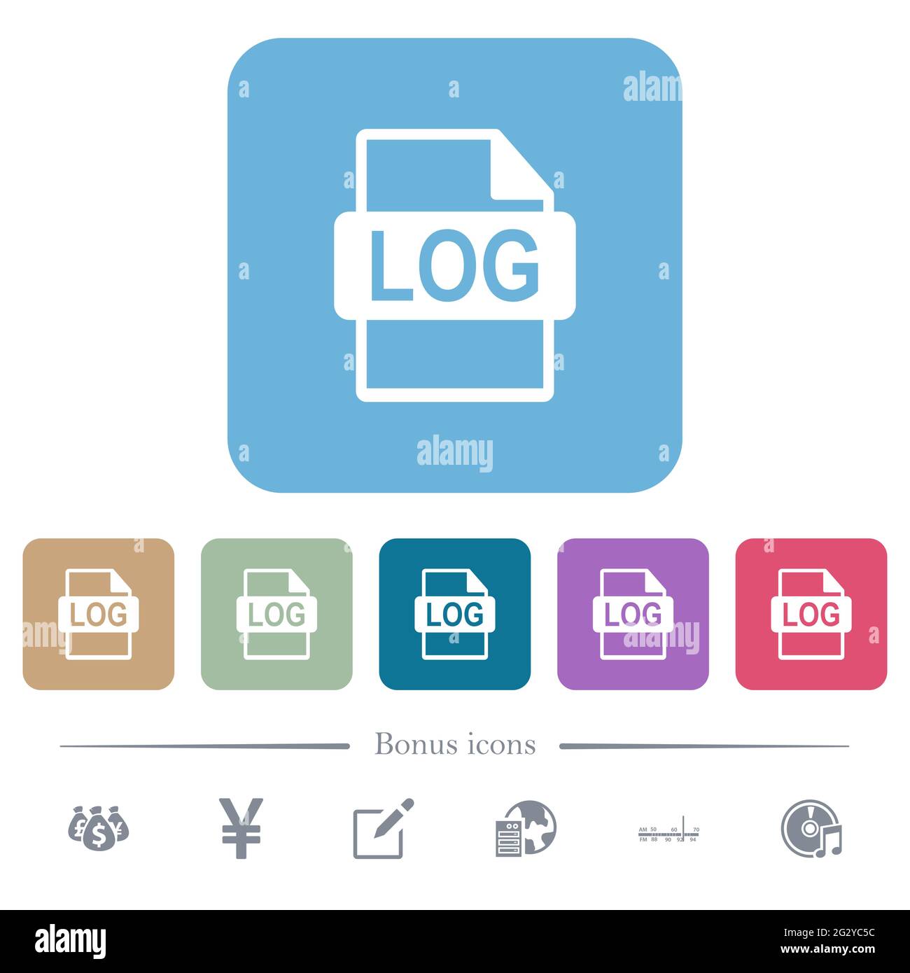 LOG file format white flat icons on color rounded square backgrounds. 6 ...