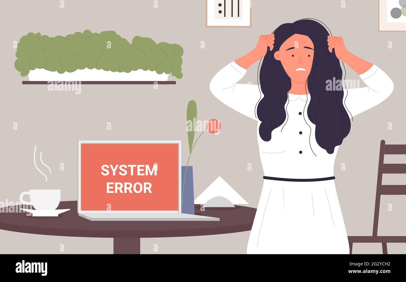 People with computer tech error in office workplace vector illustration. Cartoon frustrated ...