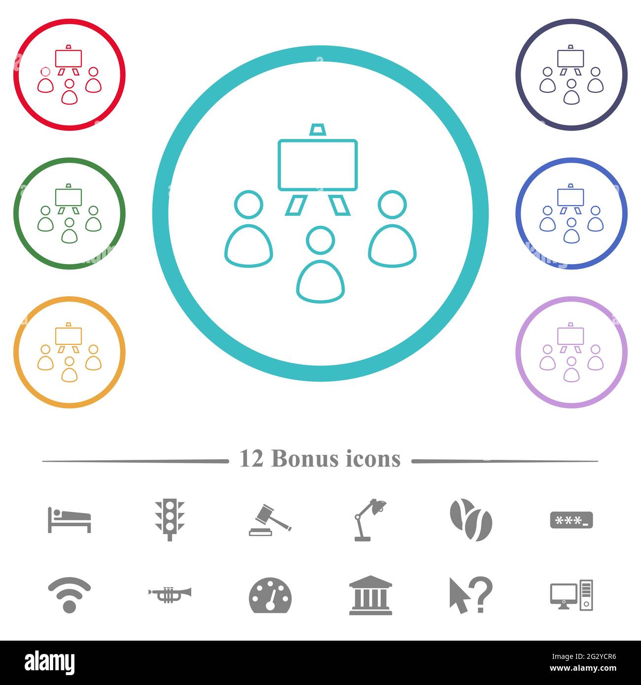 Classroom outline flat color icons in circle shape outlines. 12 bonus ...