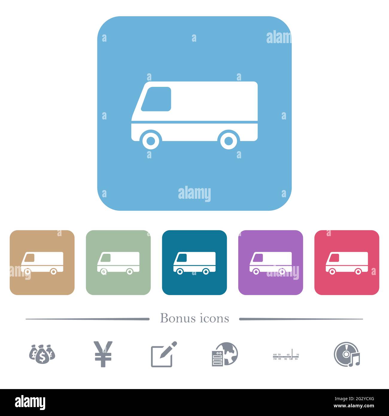 Van side view white flat icons on color rounded square backgrounds. 6 ...