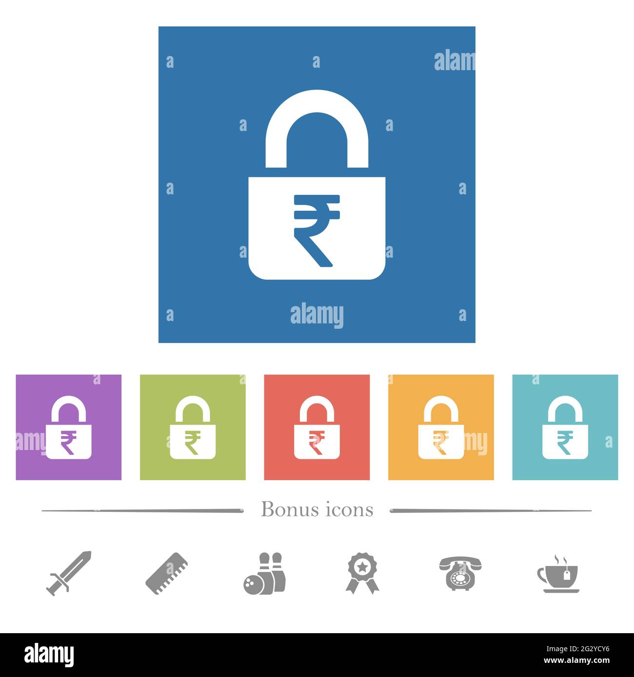 Locked rupees flat white icons in square backgrounds. 6 bonus icons ...