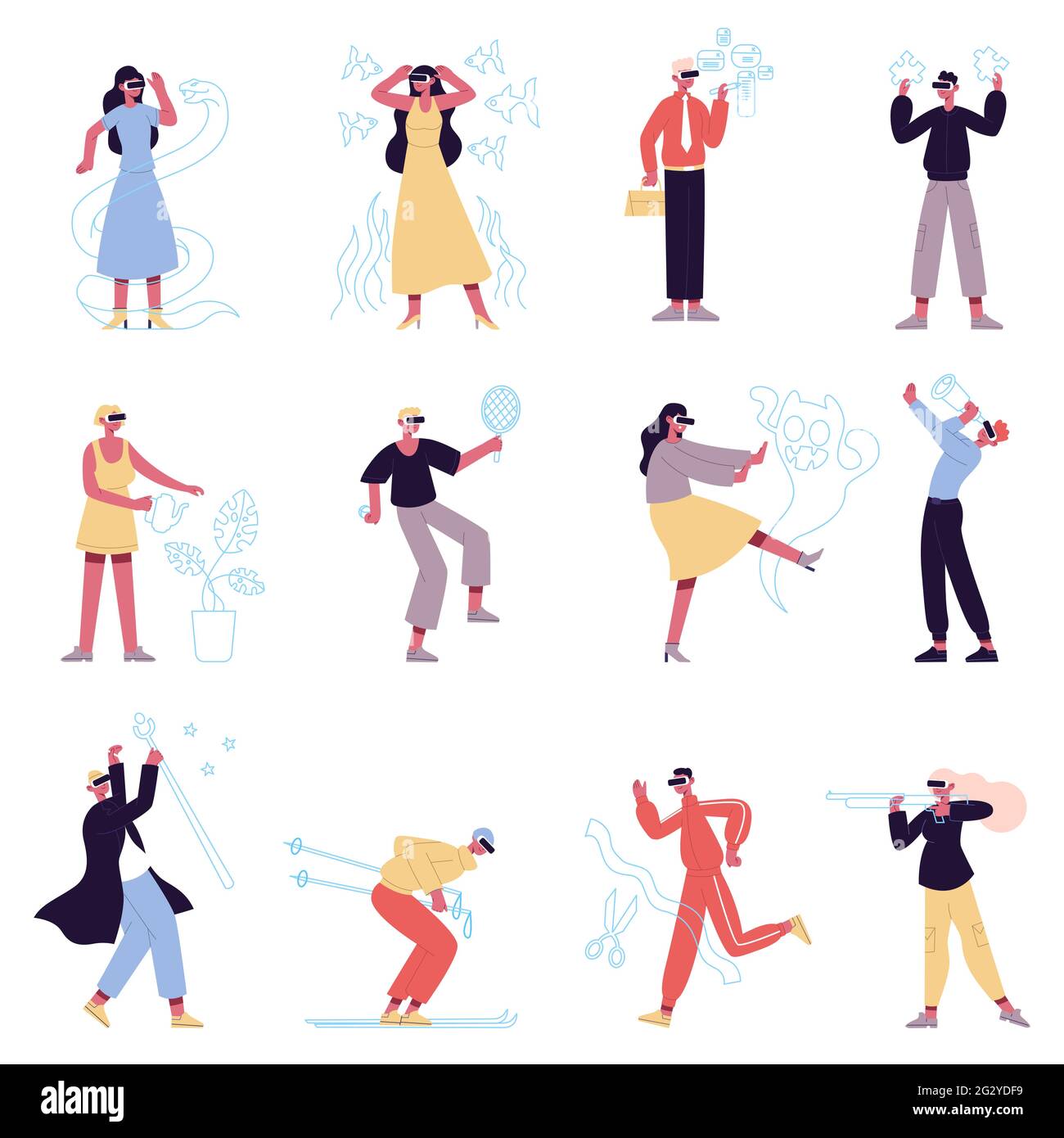 Virtual reality characters. People in augmented reality glasses inside ...