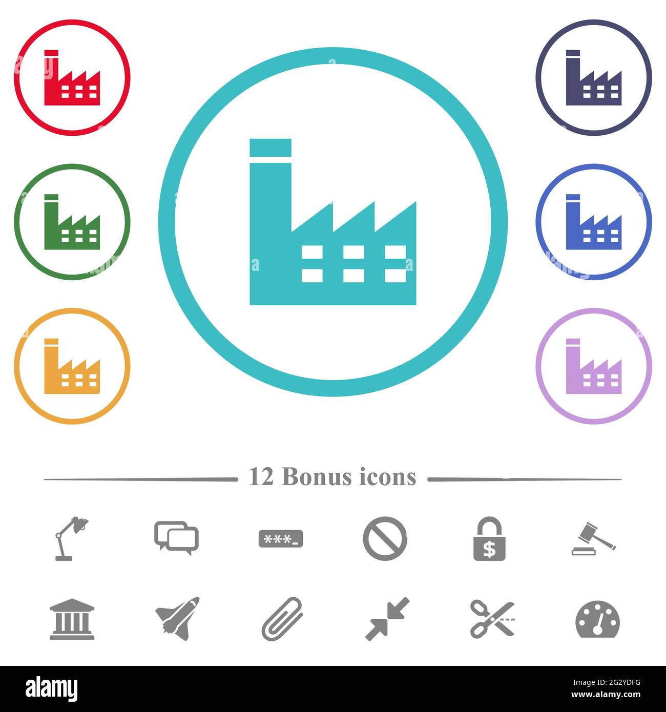 Factory building flat color icons in circle shape outlines. 12 bonus ...