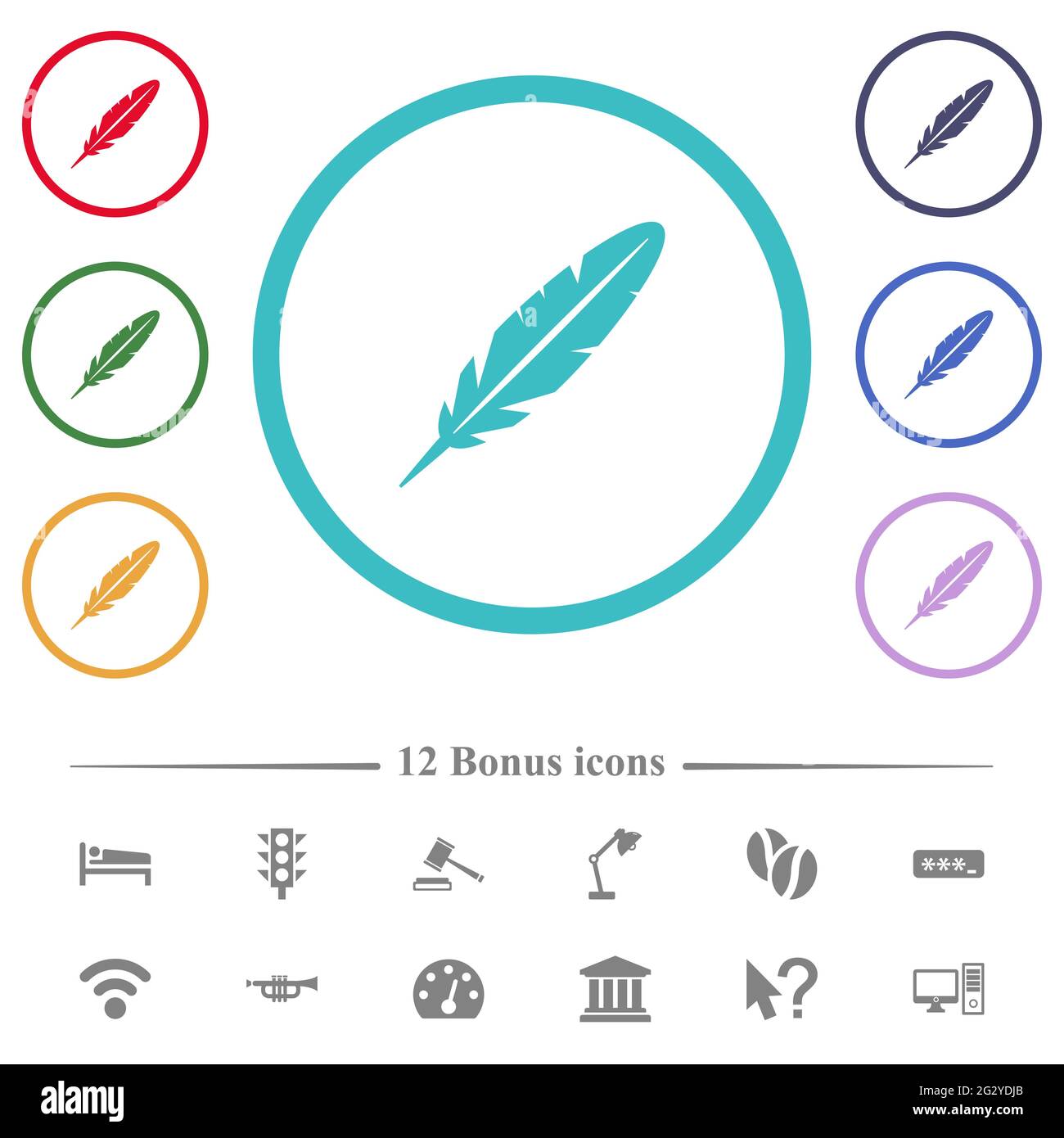 Single feather flat color icons in circle shape outlines. 12 bonus ...