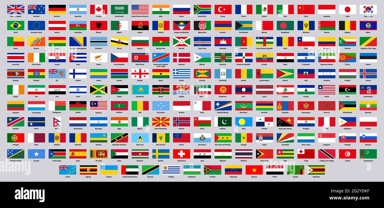 National flags. World countries flag emblems, europe, asia, south and ...