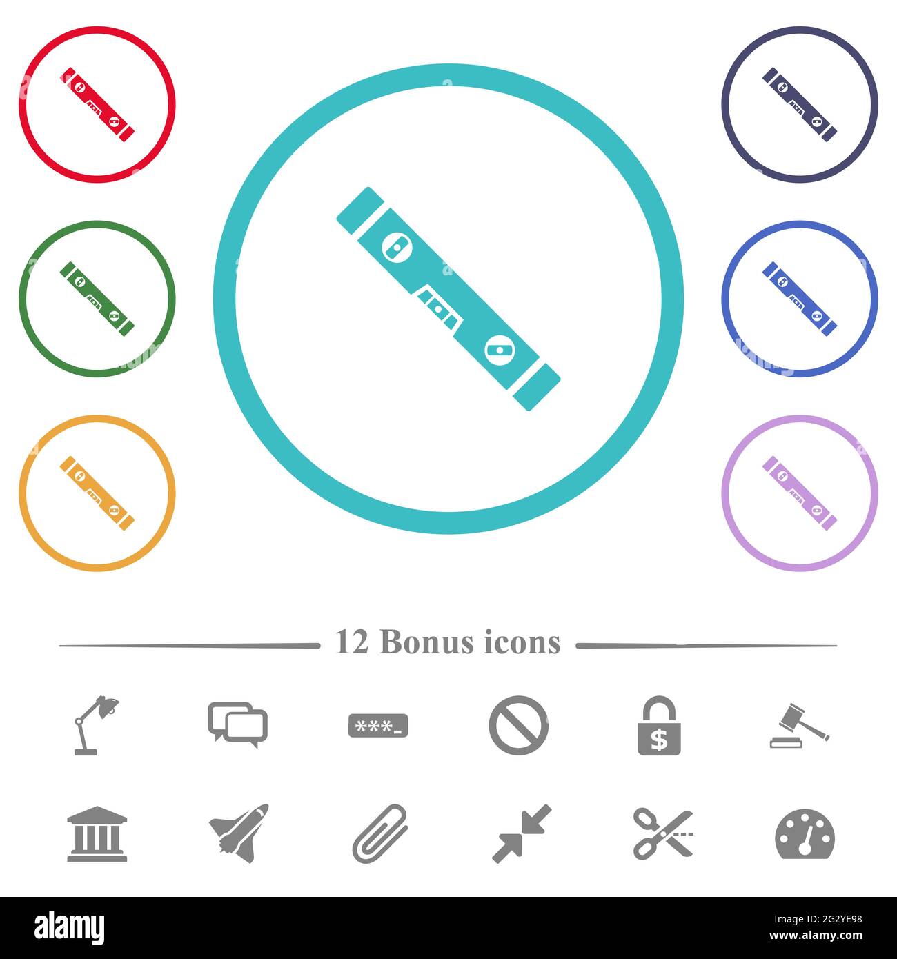 Spirit level flat color icons in circle shape outlines. 12 bonus icons ...