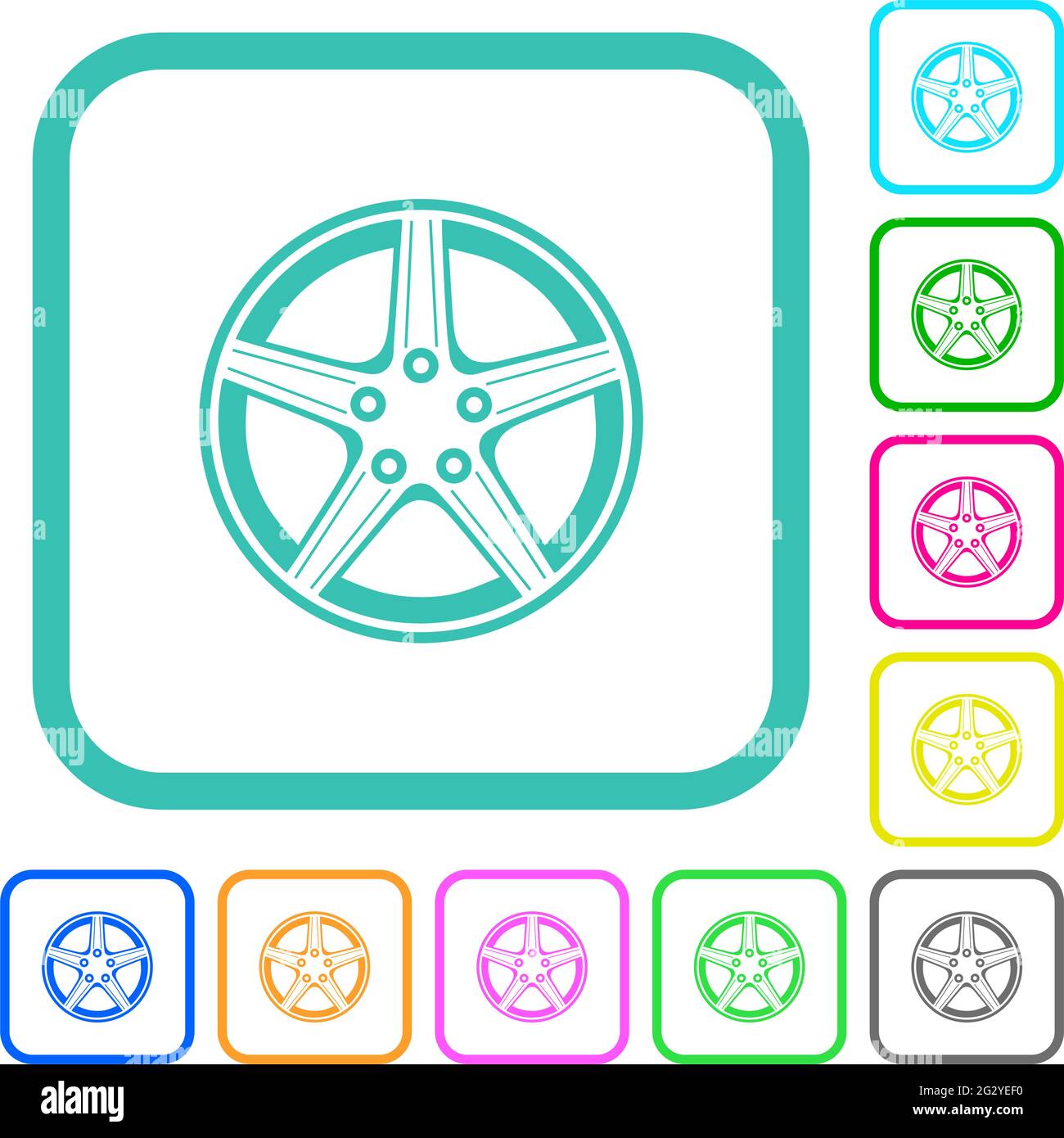 Alloy wheel vivid colored flat icons in curved borders on white ...