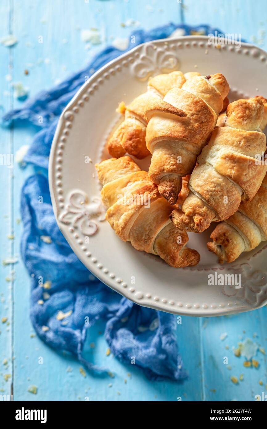 Crispy croissants with melting chocolate. Popular sweet snack. French ...