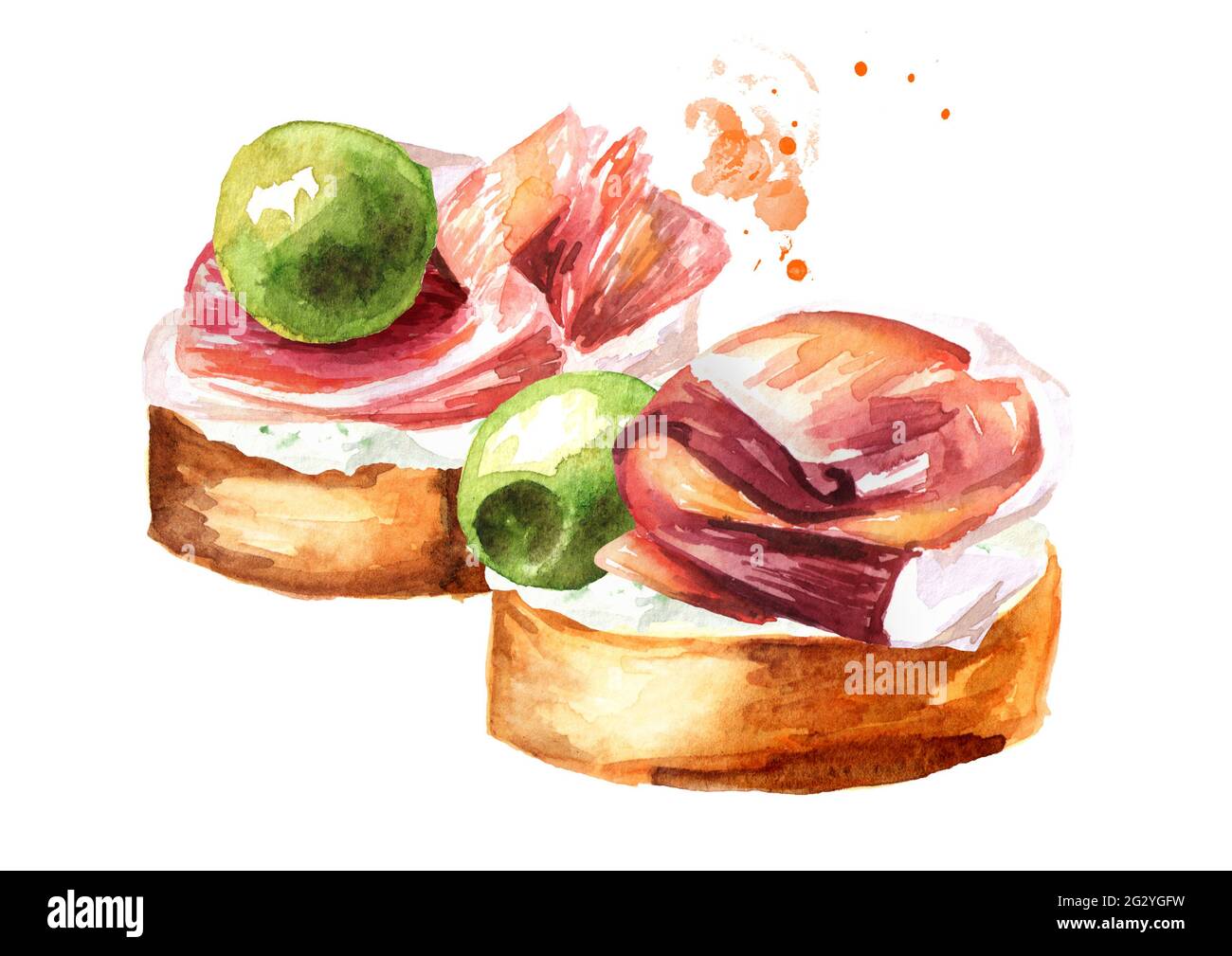 Appetizer. Sandwich with cream cheese, hamon and olive. Watercolor hand ...
