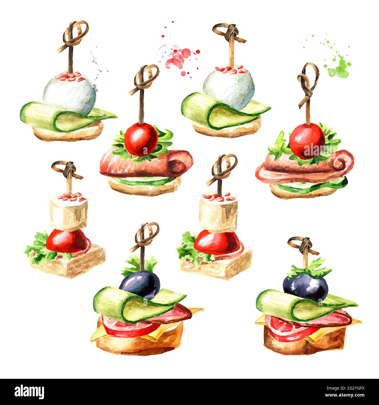 Appetizer for a festive table. Mini canape set. Watercolor hand drawn ...