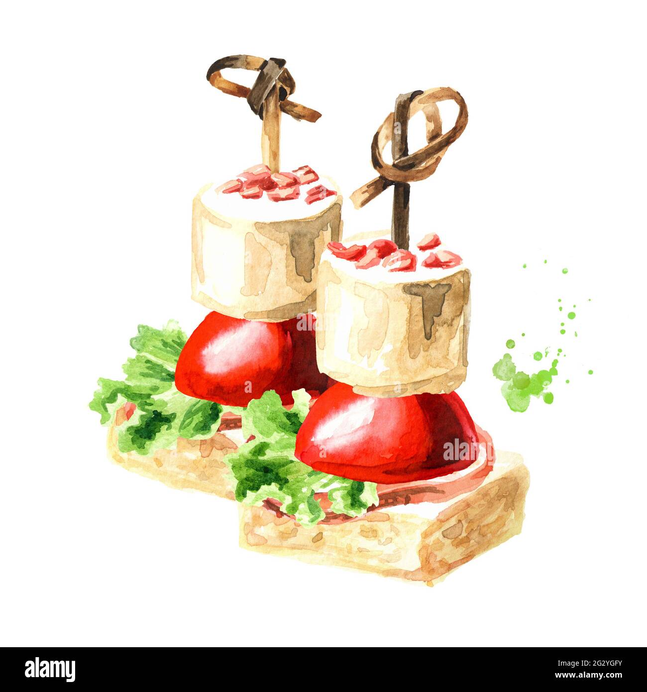 Appetizer for a festive table. Mini canape with creamy cheese, ham and ...