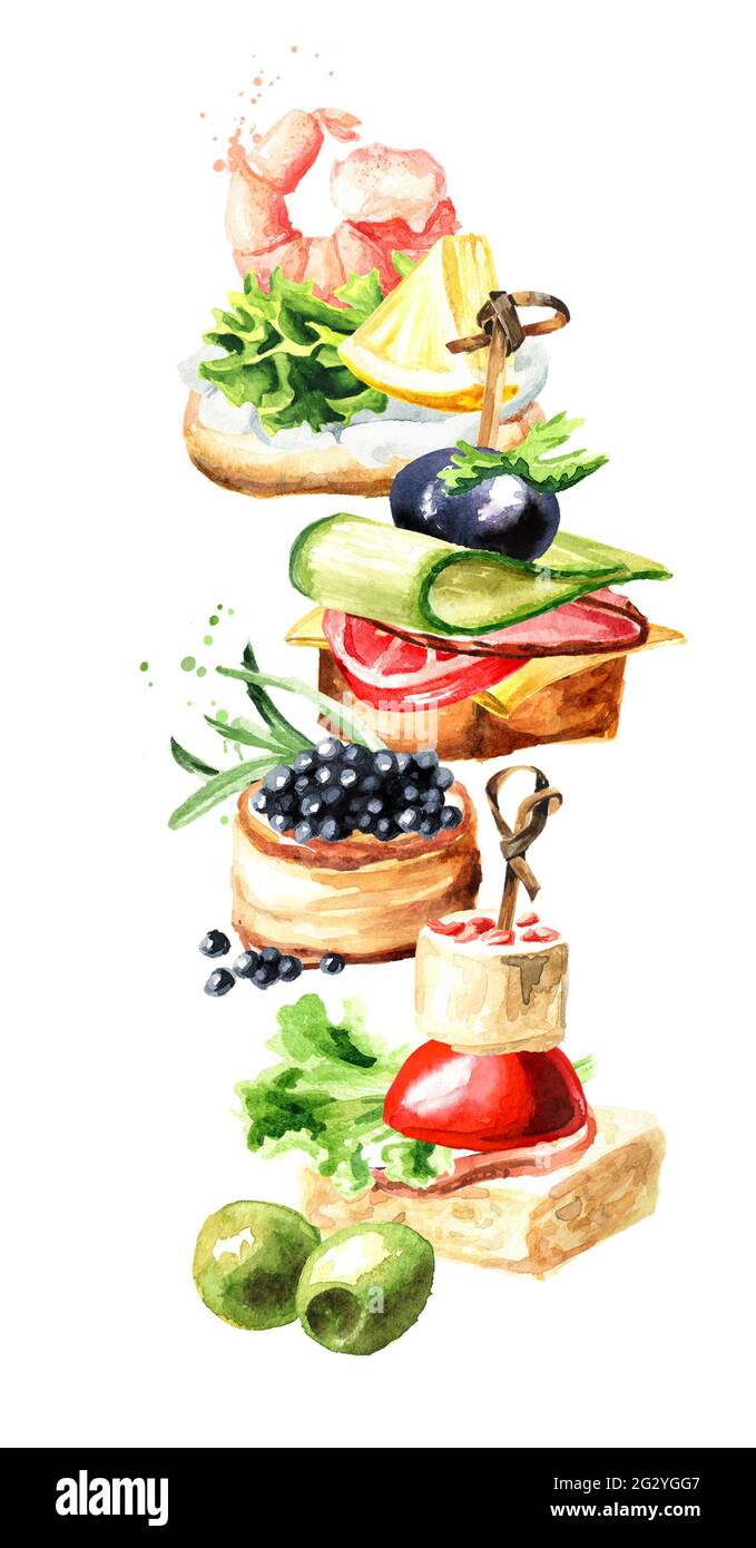 Appetizer for a festive table. Mini canape vertical border. Watercolor ...