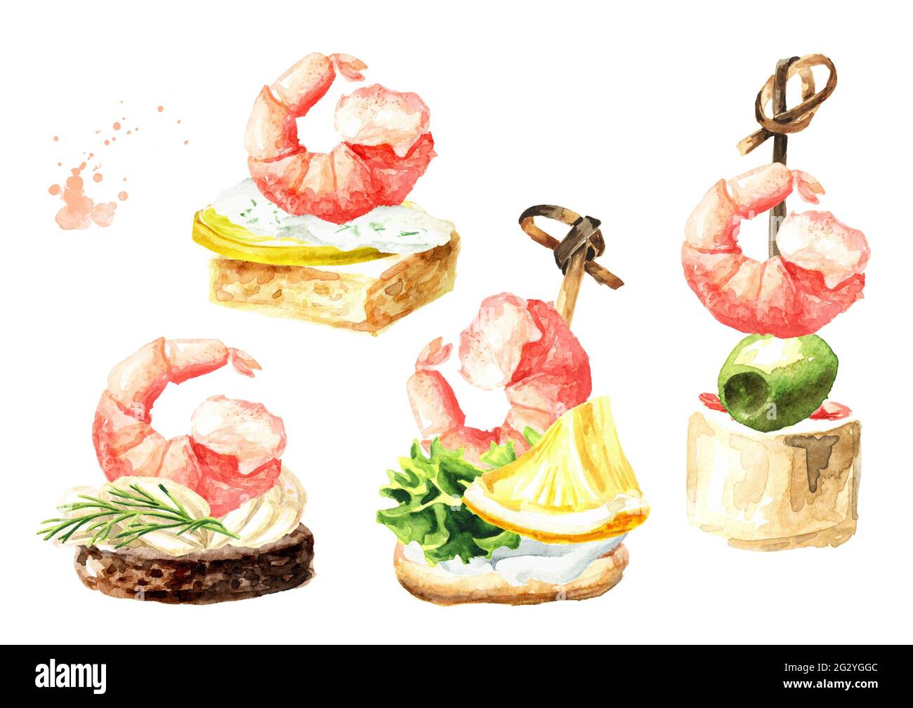 Appetizer for a festive table. Mini canape with shrimps set. Watercolor ...