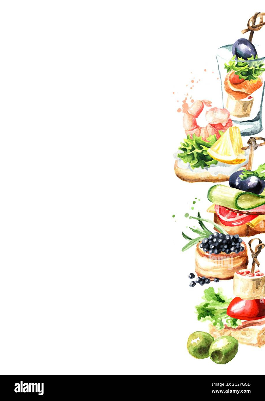 Appetizer for a festive table. Mini canape template. Watercolor hand ...