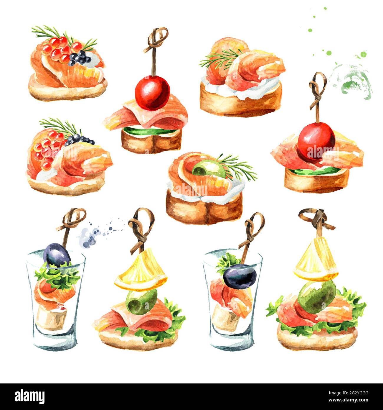 Appetizer for a festive table. Mini canape with fresh salmon fillet set ...
