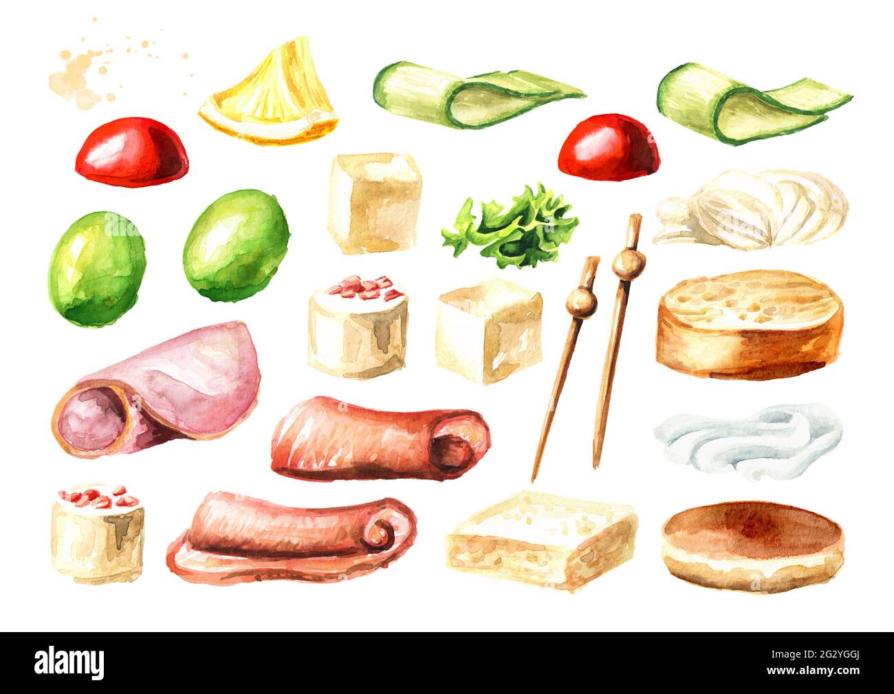 Appetizer for a festive table. Mini canape ingredients set. Watercolor ...
