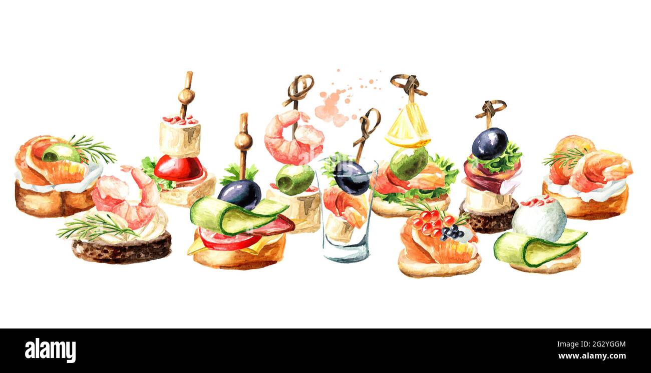 Appetizer for a festive table. Mini canape. Watercolor hand drawn ...