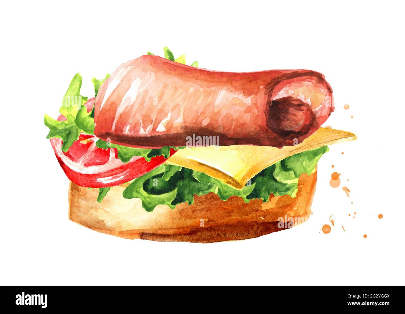 Appetizer. Ham sandwich with tomato and cheese. Watercolor hand drawn ...