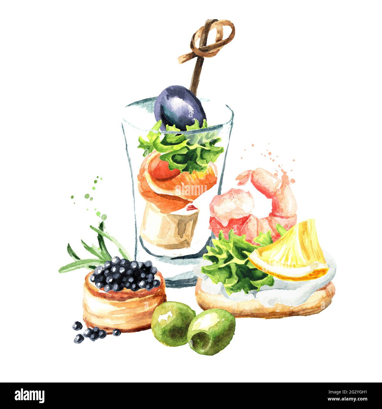 Appetizer for a festive table. Mini canape composition. Watercolor hand ...