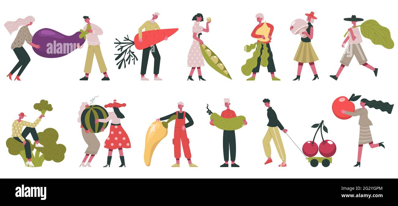 Vegetarian characters. People carrying raw ingredients, vegetable and ...