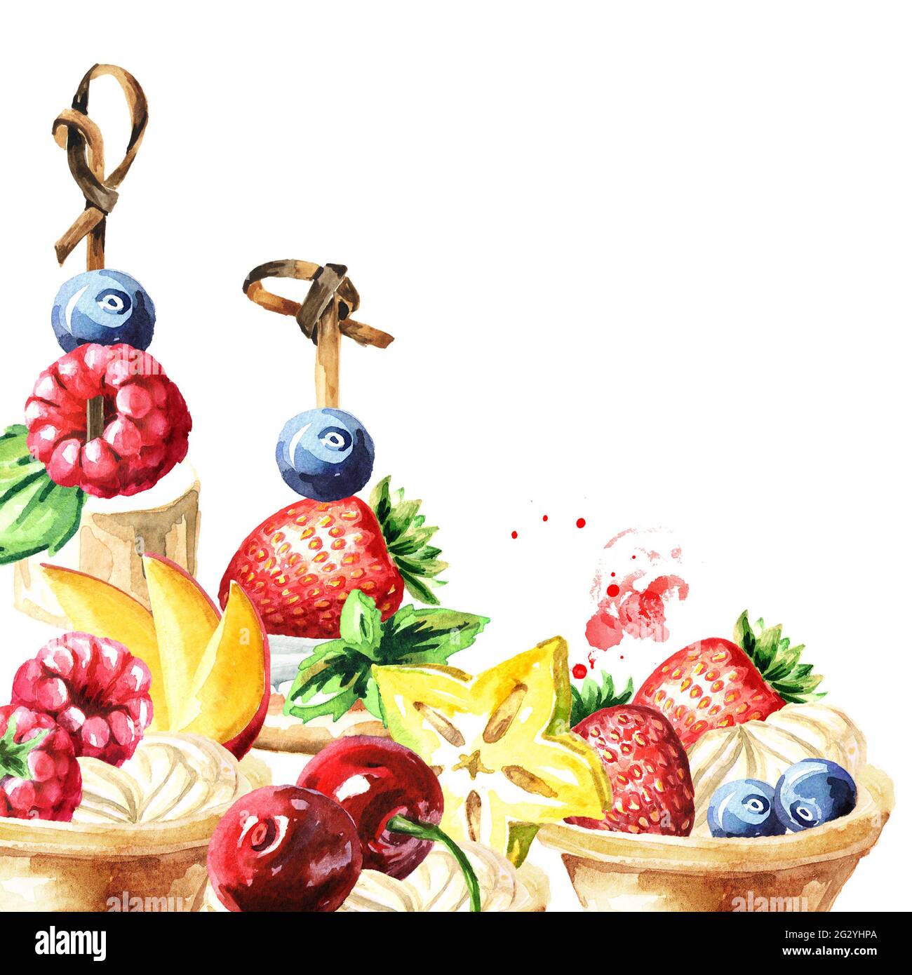 Festive card or invitation, Sweet Canapes and tarts with fruits and ...