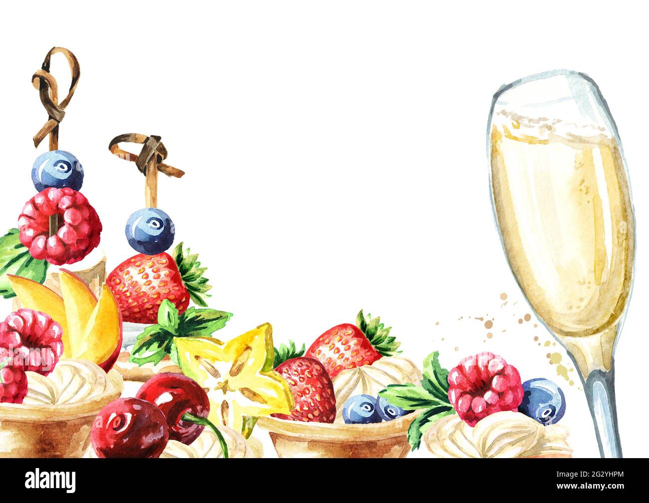 Festive card or invitation, Sweet Canapes and tarts with fruits and ...